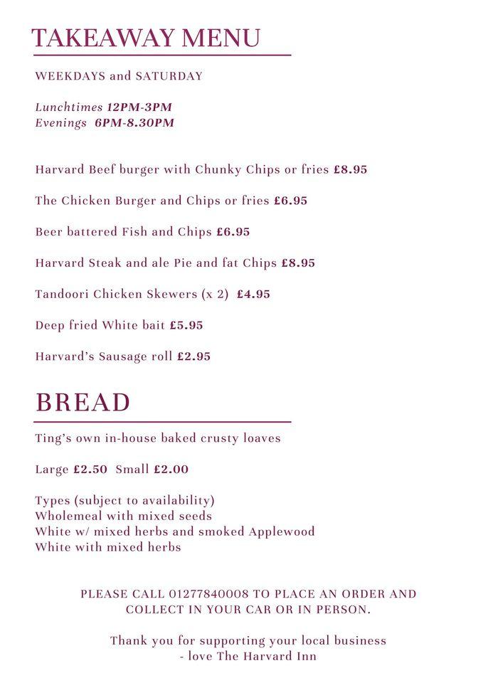 Menu at The Harvard Inn pub & bar, Stock