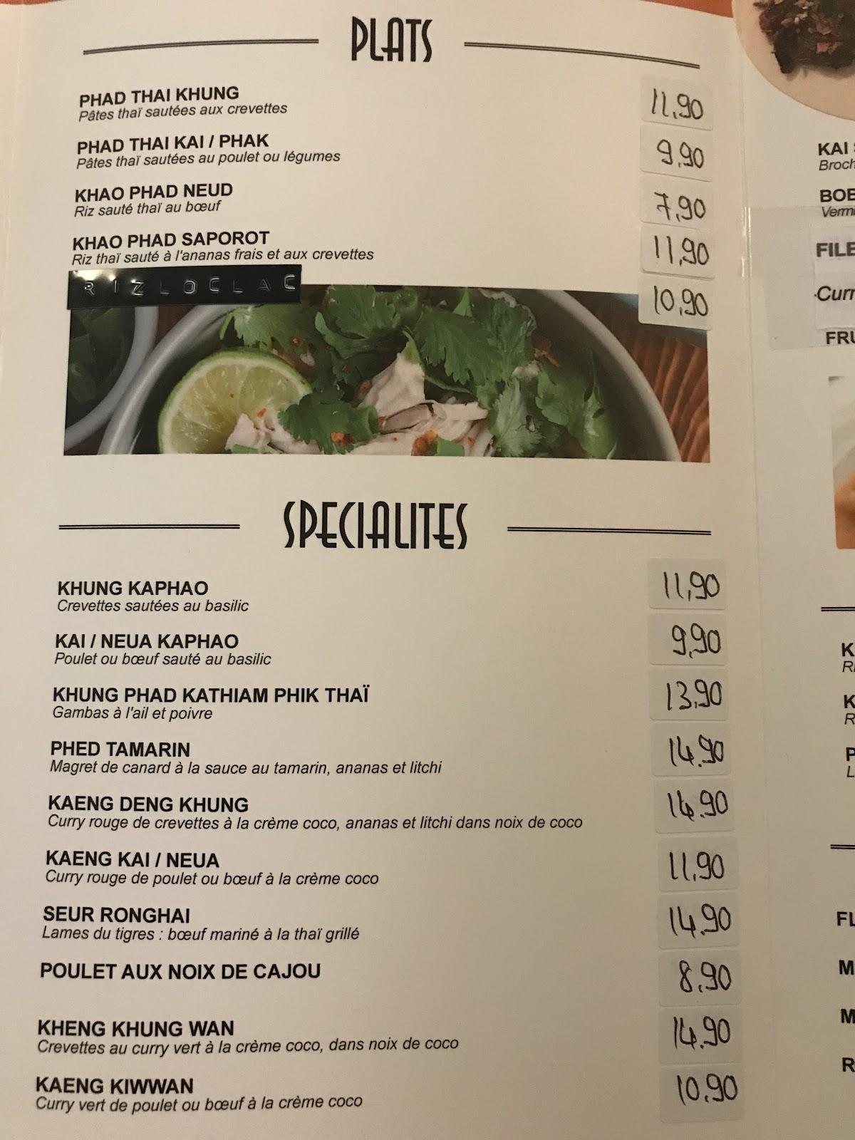 Menu au Virak Thaï restaurant, Paris