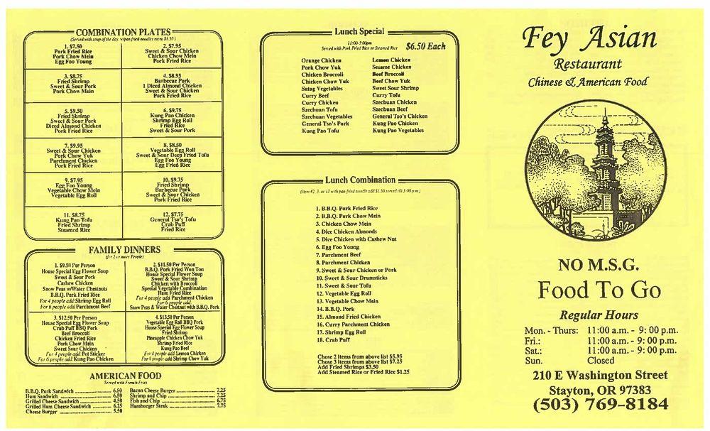 Menu at Fey Asian restaurant, Stayton
