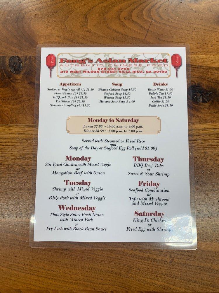 Menu at Fong's Asian Kitchen BBQ, Villa Rica
