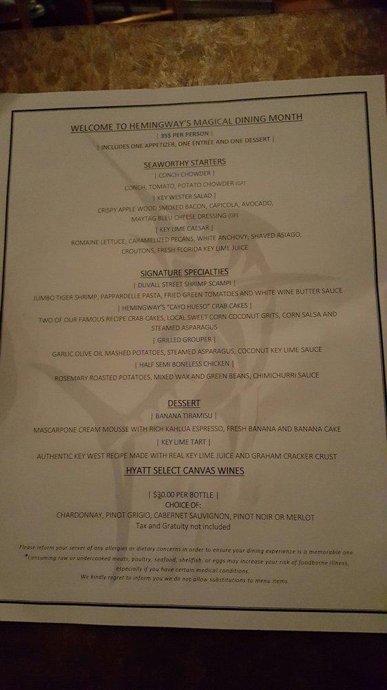 Menu at Hemingway's Restaurant, Orlando