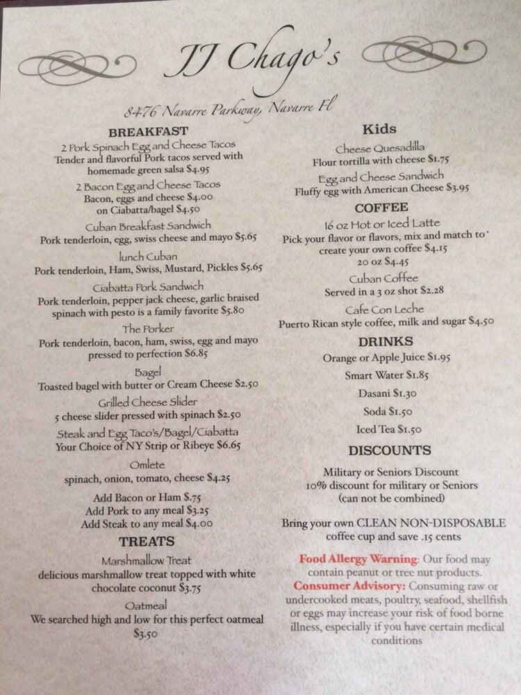Menu at JJ Chago's fast food, Navarre