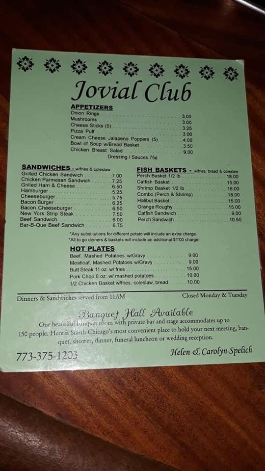 Menu at Jovial Club, Chicago