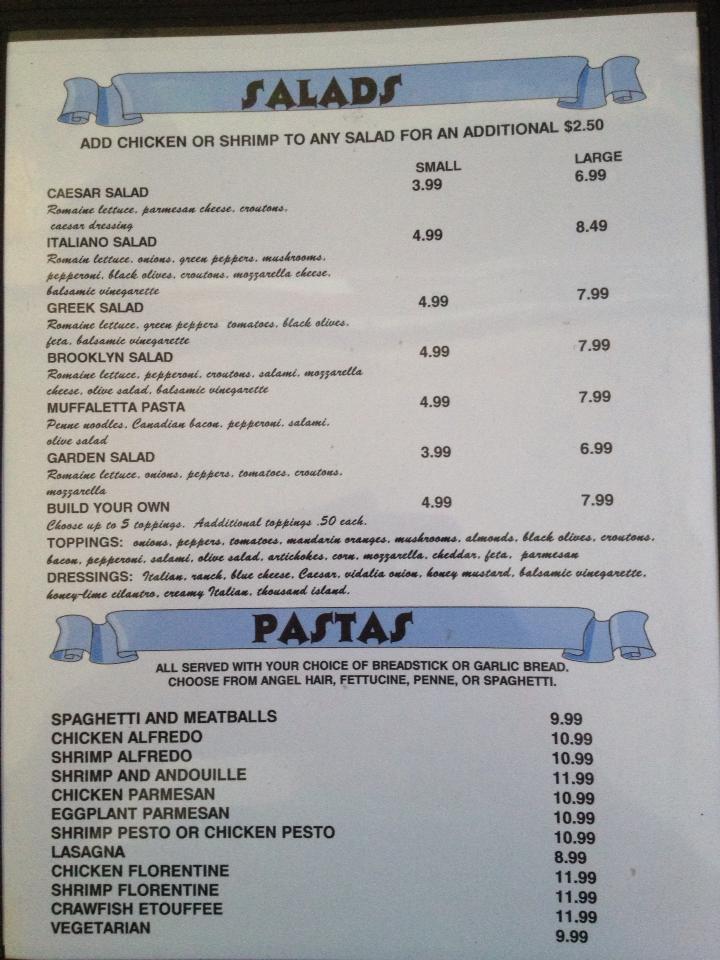 Menu at Mariano's Italian Eatery restaurant, Luling, US-90