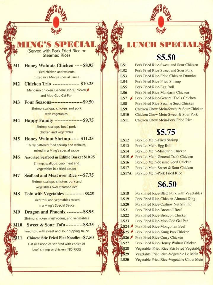 Menu at Ming's Cafe, Pocatello
