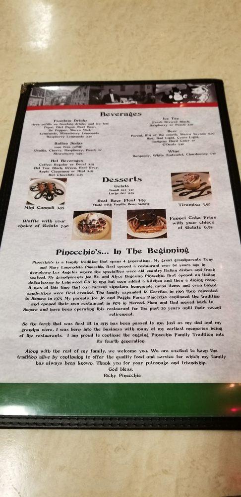 Menu at Pinocchio's restaurant, Sonora