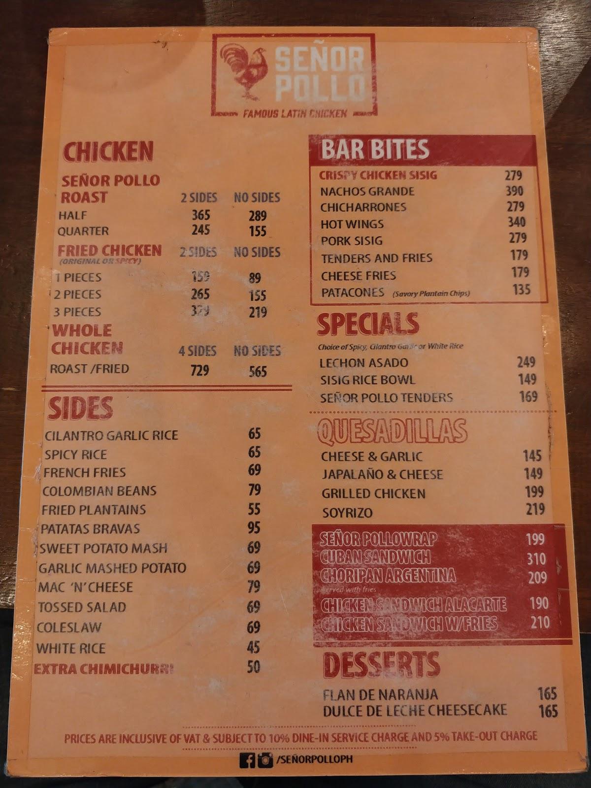 Menu at Señor Pollo restaurant, Pasig