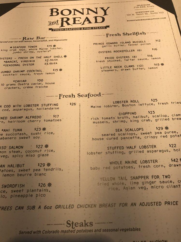 Menu at Bonny and Read Seafood steakhouse, Colorado Springs, 101 N ...