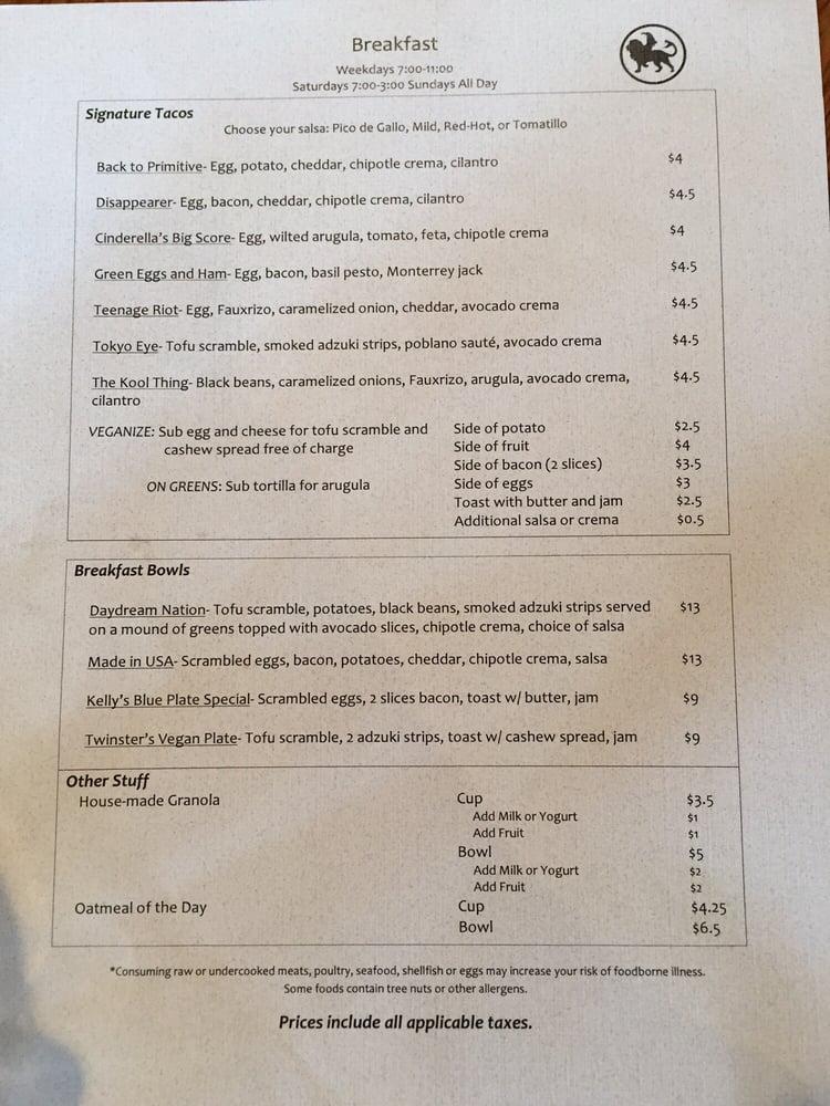 Menu at Chimera Cafe, Tulsa