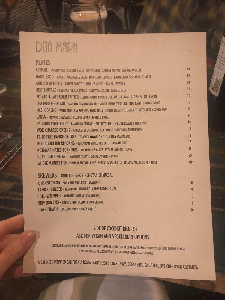 Menu at Dija Mara restaurant, Oceanside