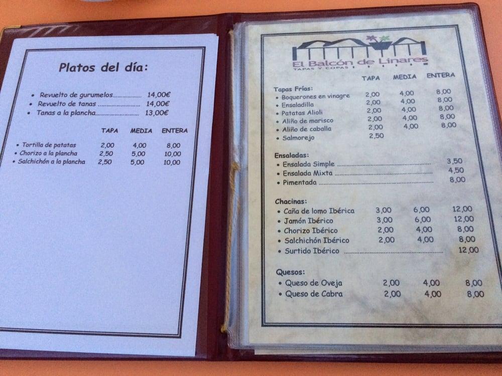 Carta del pub y bar El Balcón del Linares, Linares del la Sierra