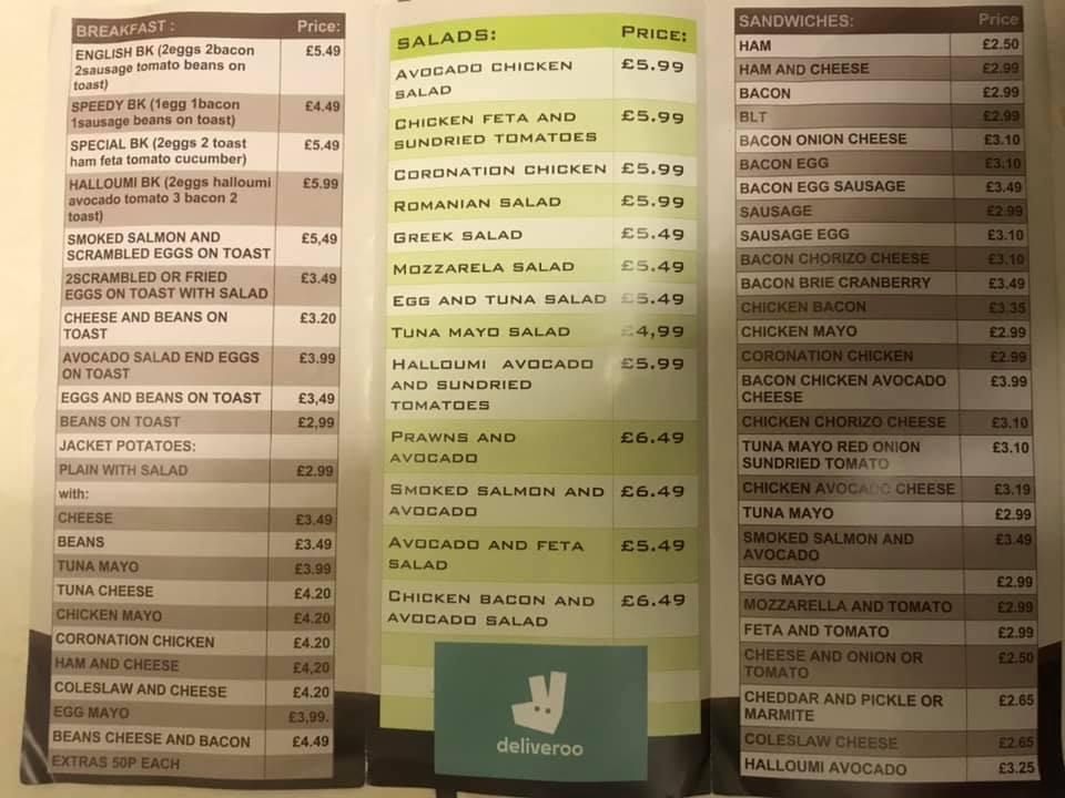 Carta del café First Cup, Hove