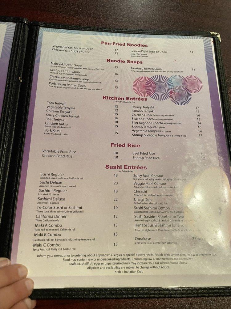 Menu at Hanabi Japanese Cuisine restaurant, Duluth