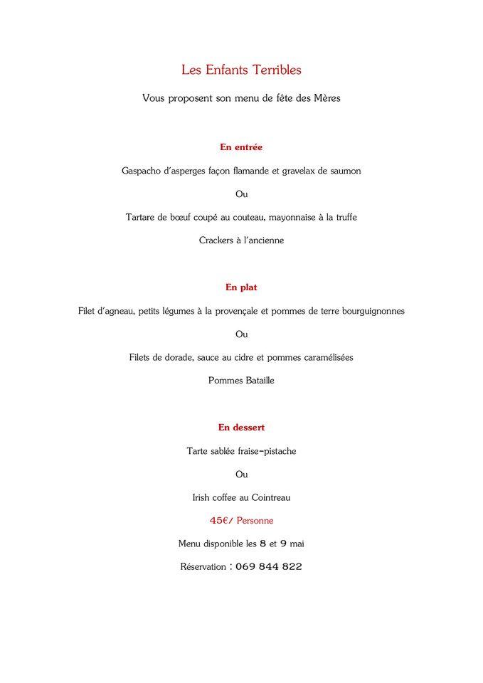 Menu au Les Enfants Terribles, Tournai