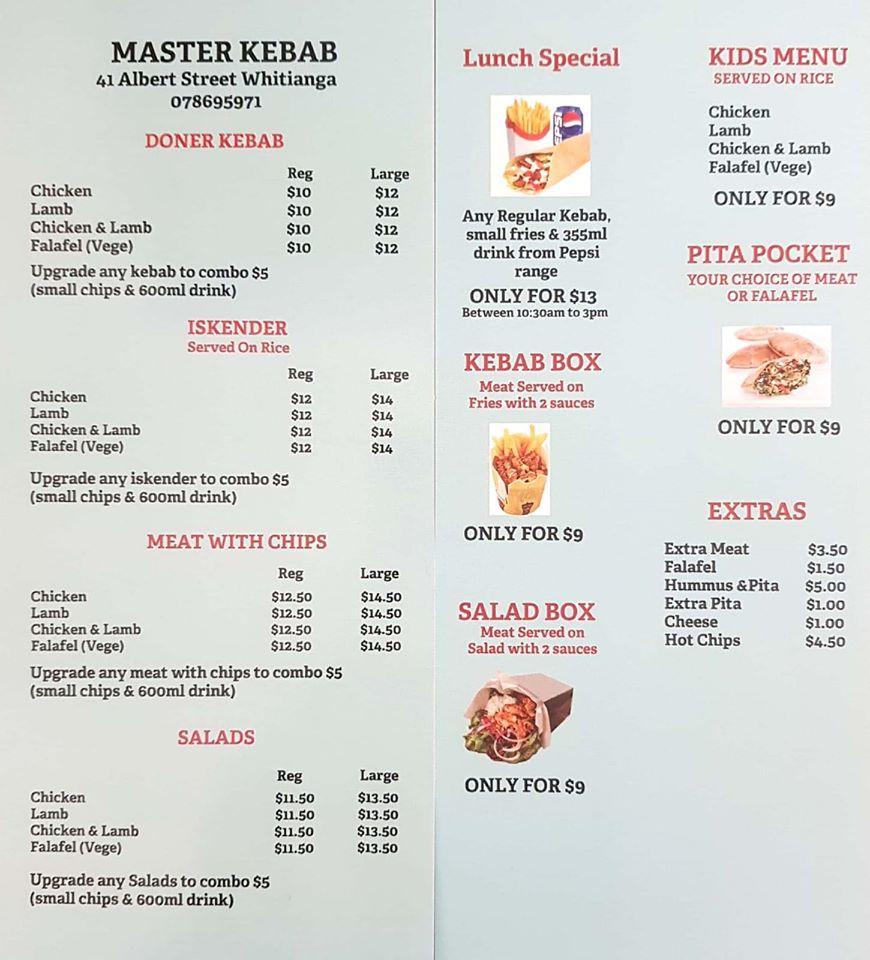 Menu at Master Kebab restaurant, Whitianga