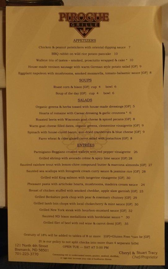 Carta de parrilla Pirogue Grille, Bismarck