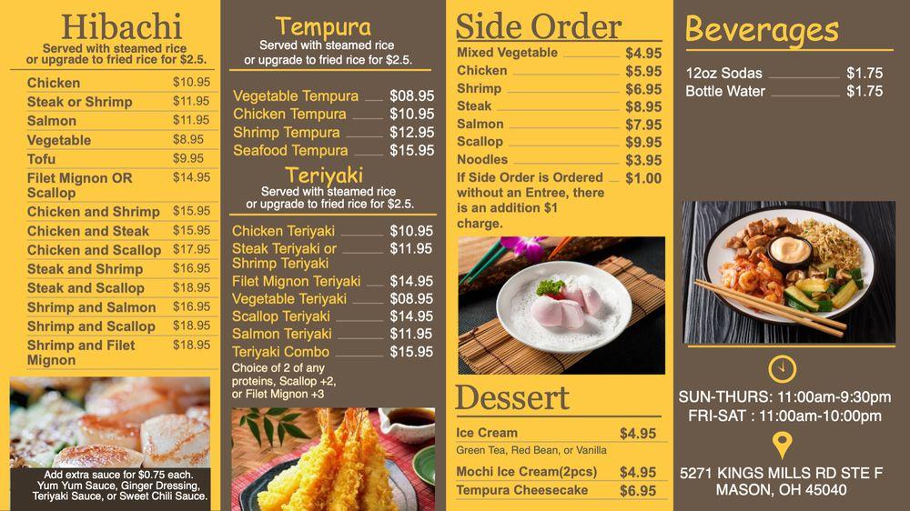 Menu at Sapporo Hibachi Express restaurant, Mason