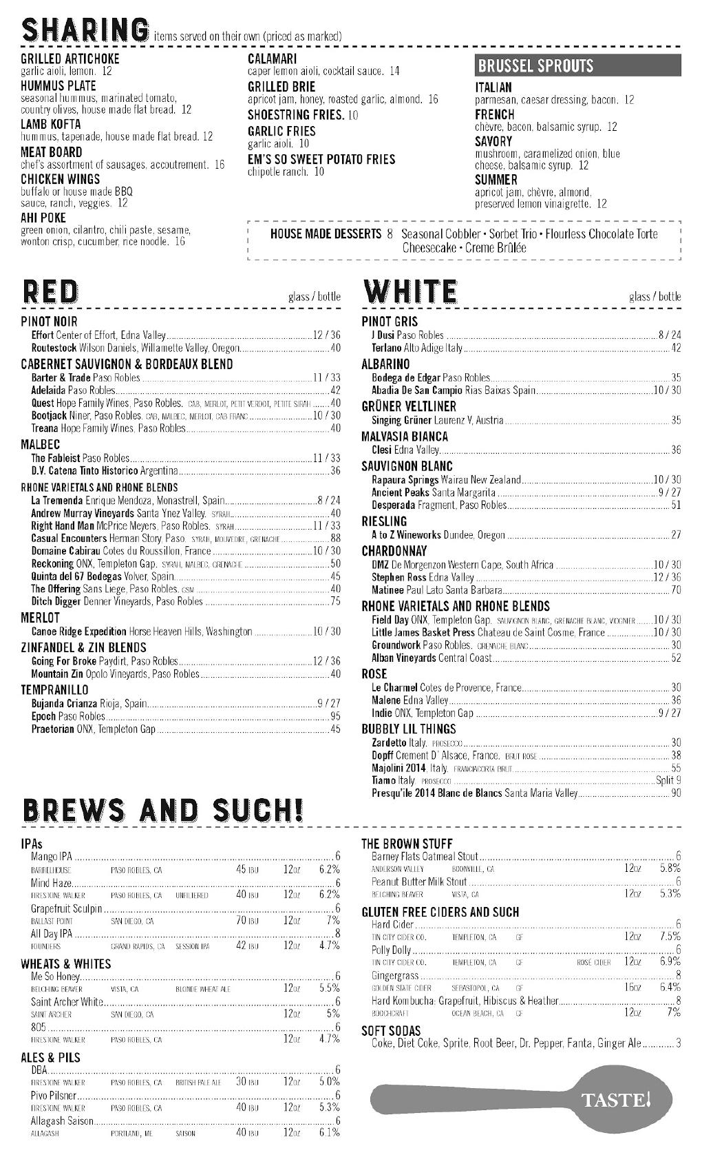 Menu at TASTE! craft eatery pub & bar, Paso Robles