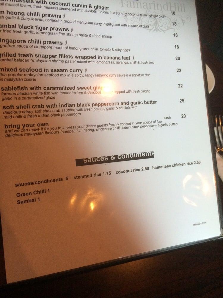 Menu at Tamarind Hill restaurant, New Westminster