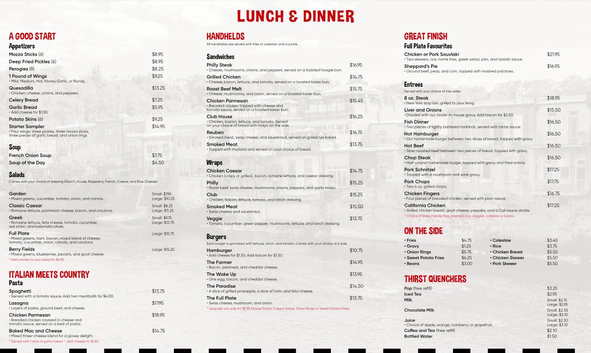 Menu au The Full Plate restaurant, Comté de Brant