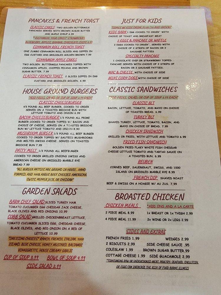 Carta de Breakfast Barn and Lunch House, Cedar Rapids