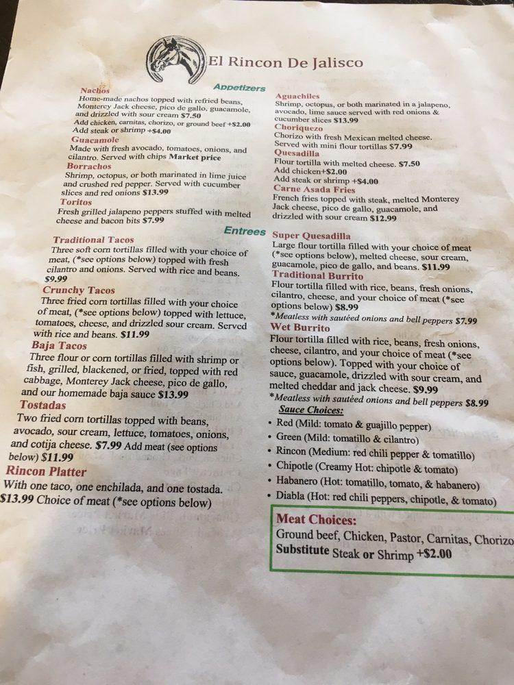 Menu at El Rincón De Jalisco restaurant, Homestead