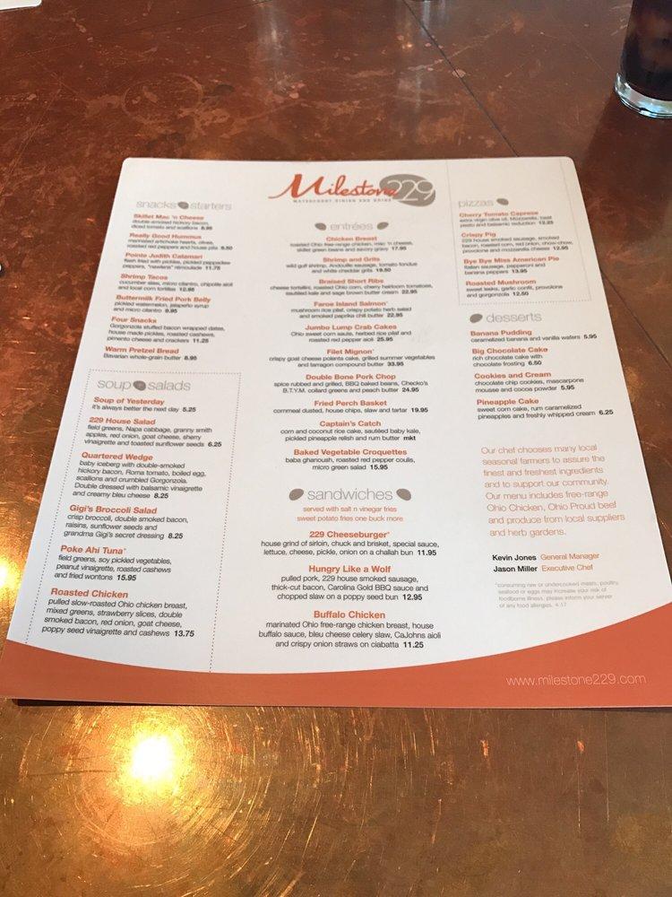 Menu at Milestone 229 restaurant, Columbus