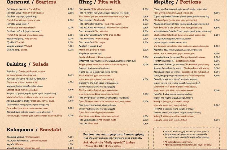 Menu at O Nikos, Atsipopoulo