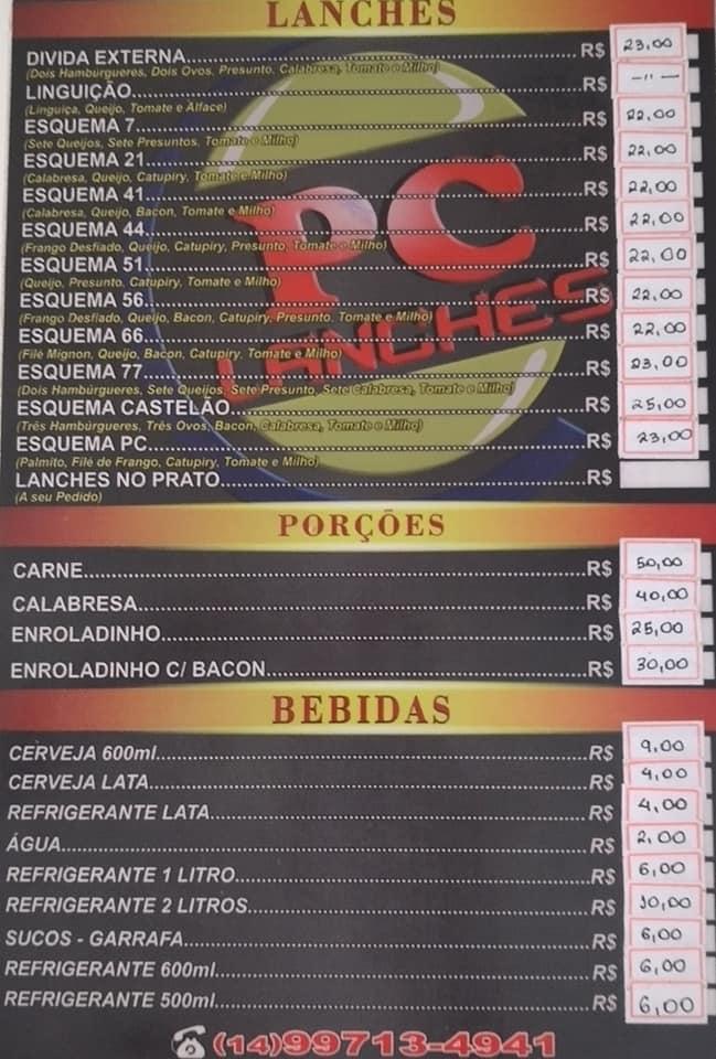 Menu at Pc Lanches pub & bar, Quintana