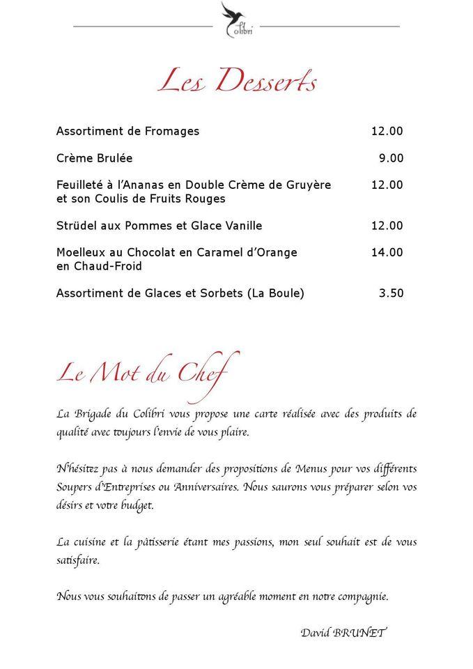 Menu da Restaurant Colibri, Port-Valais