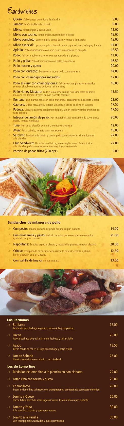 Carta del café Sarcletti, Miraflores, Jorge Chávez 275