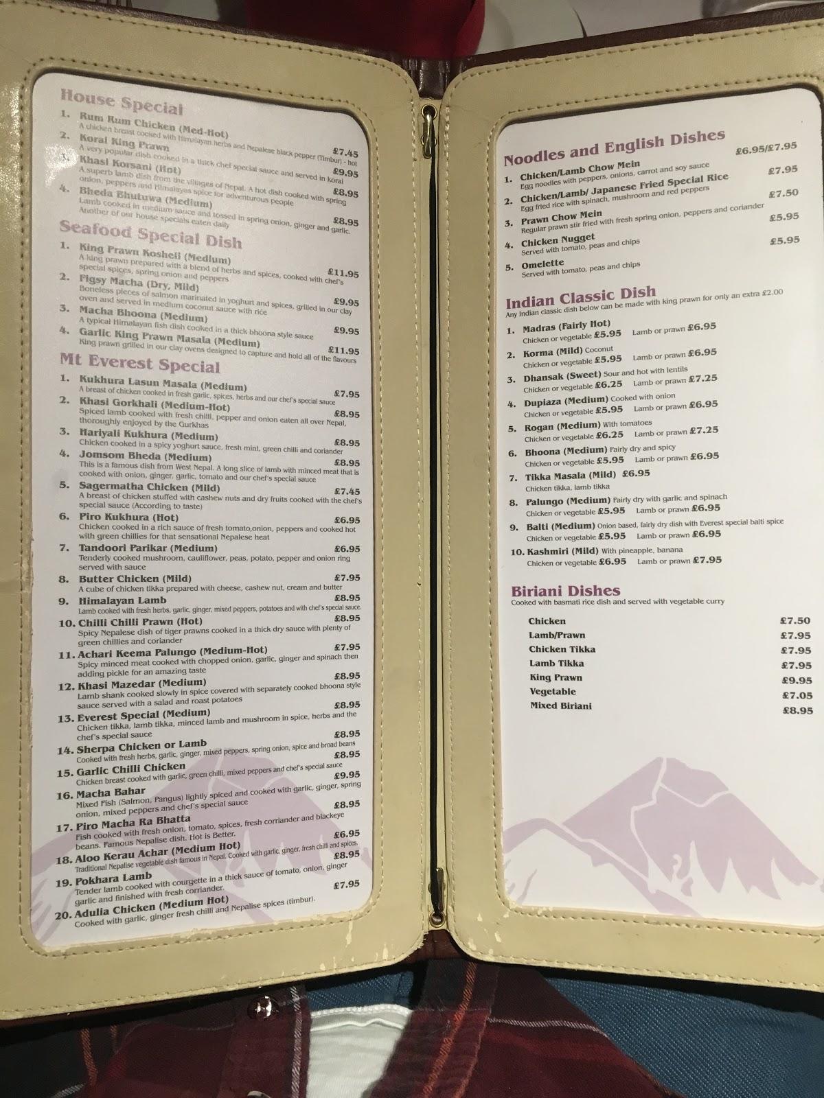 Menu at The Mount Everest Restaurant, Studley