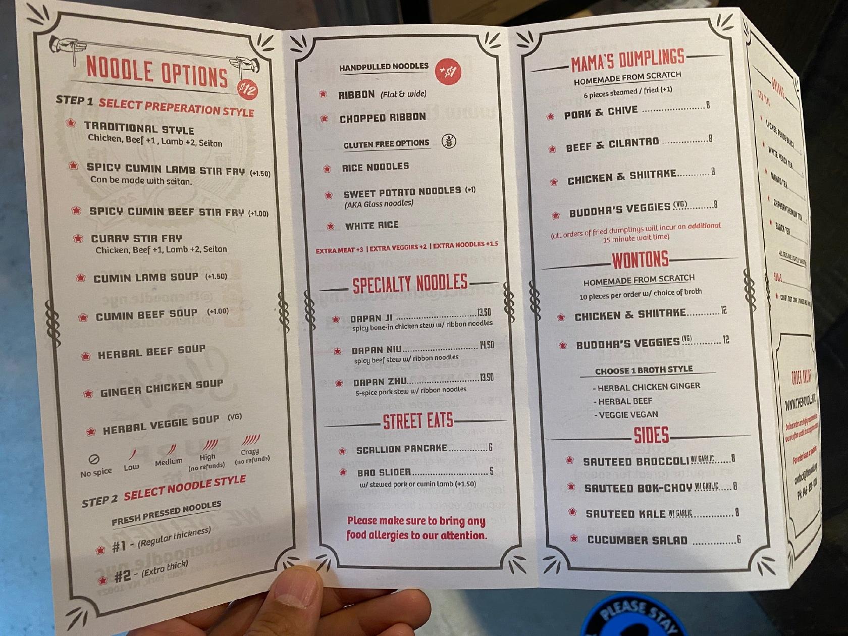 Menu at The Noodle restaurant, New York City