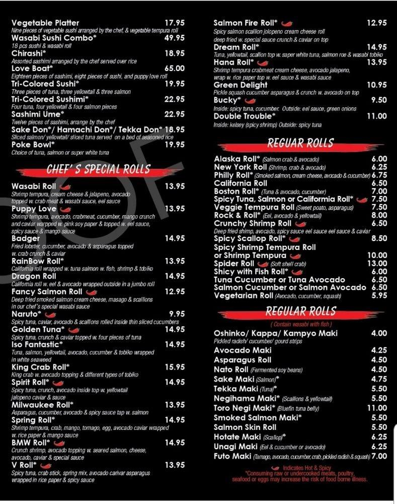Menu at Yume Sushi restaurant, Madison