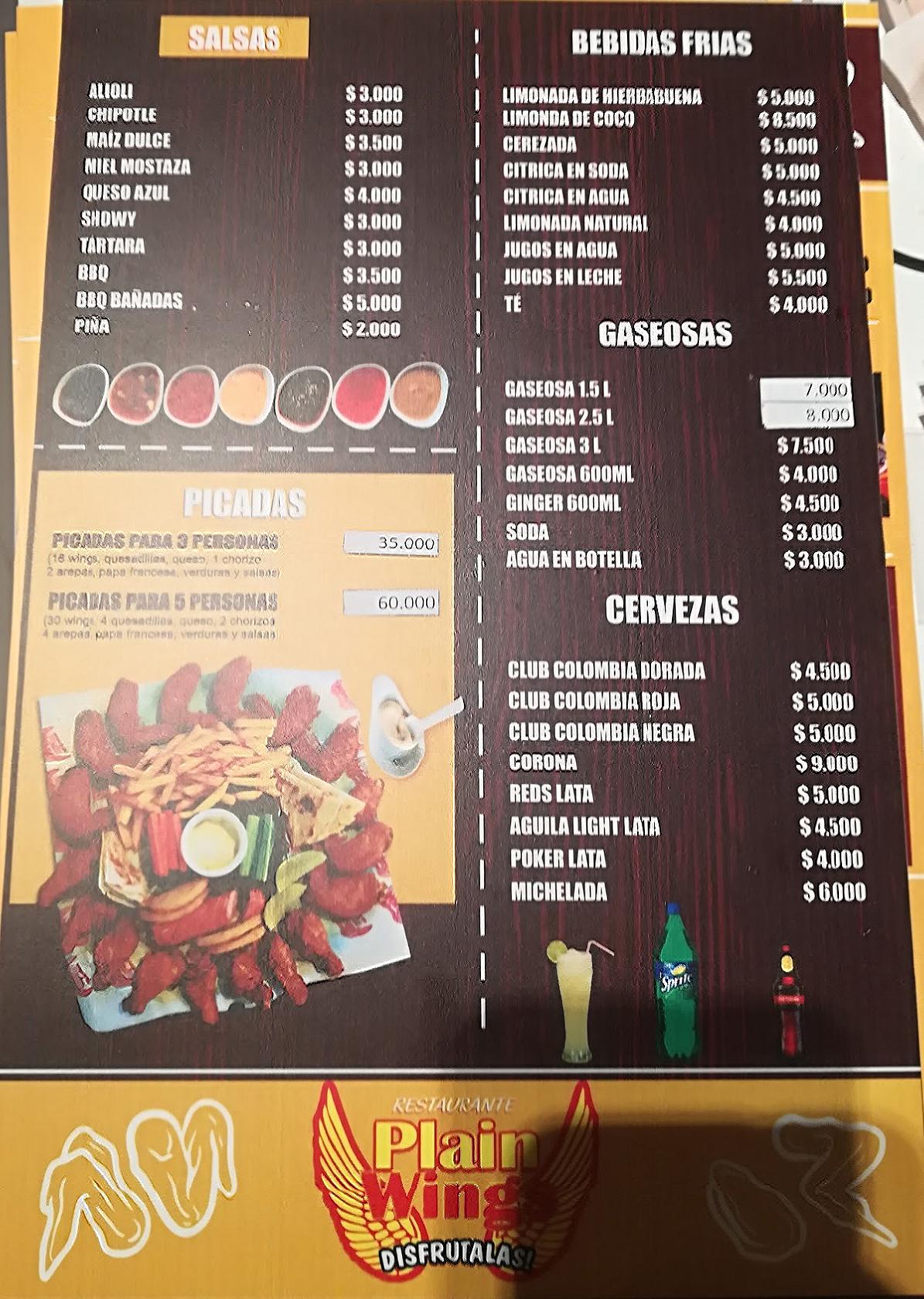 Menu at plain wings- inirida restaurant, Inírida