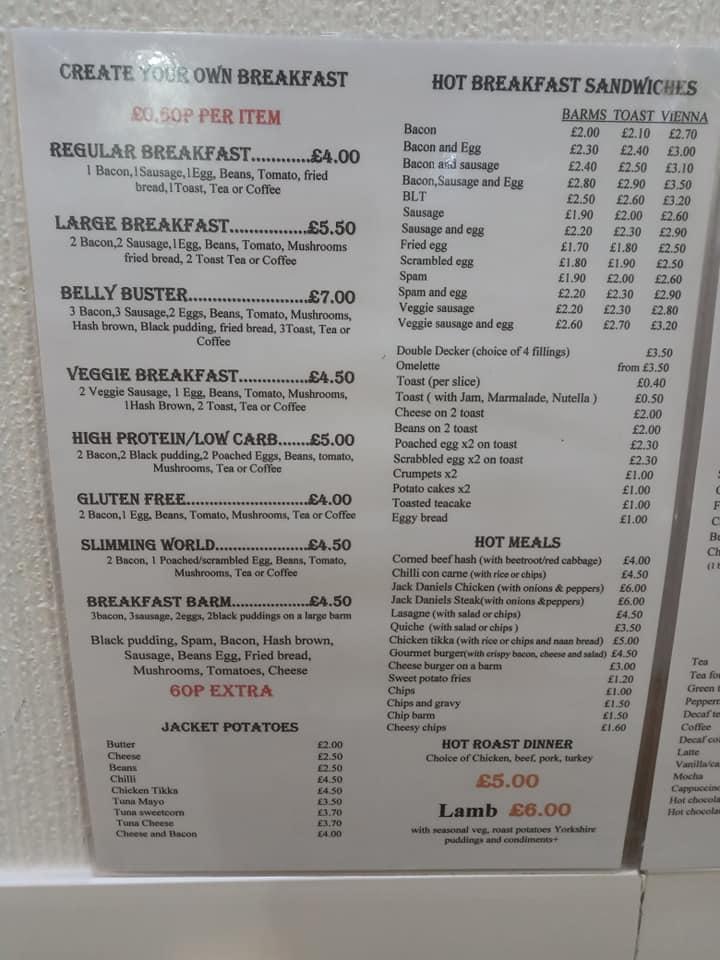 Menu at the cafe, Radcliffe, 30 Ainsworth Road