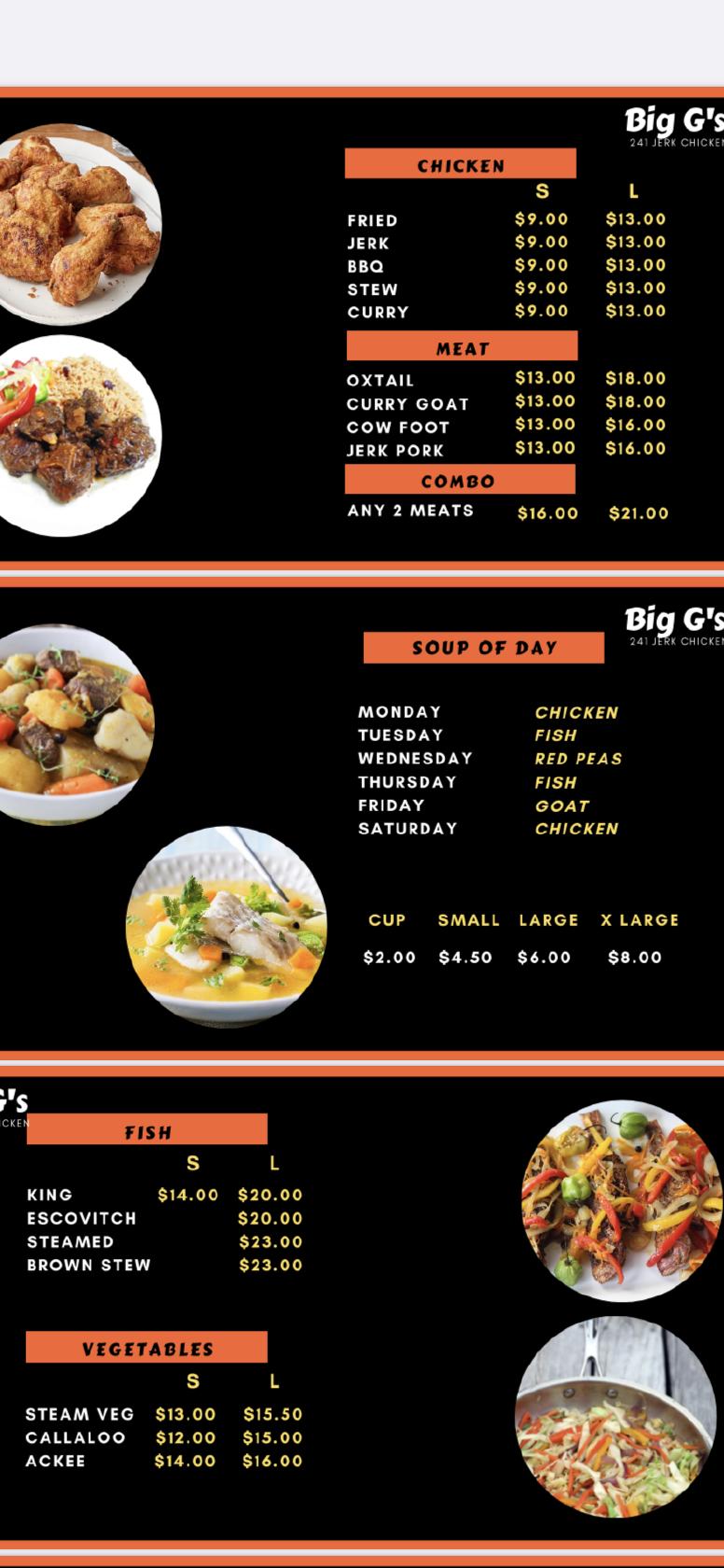 Menu at Big G’s 241 Jerk Chicken restaurant, Toronto
