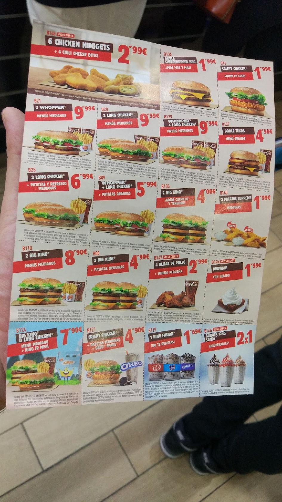 Carta del restaurante Burger King, San Juan del Alicante, Av. del ...