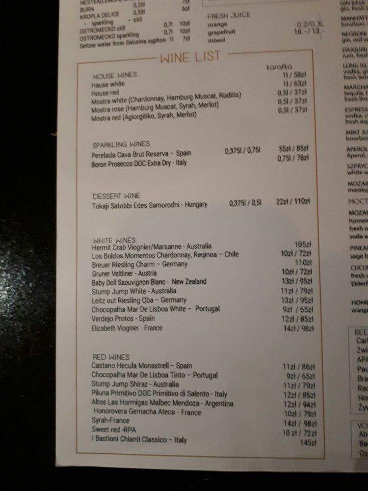 Menu at Cafe Mozaika, Warsaw