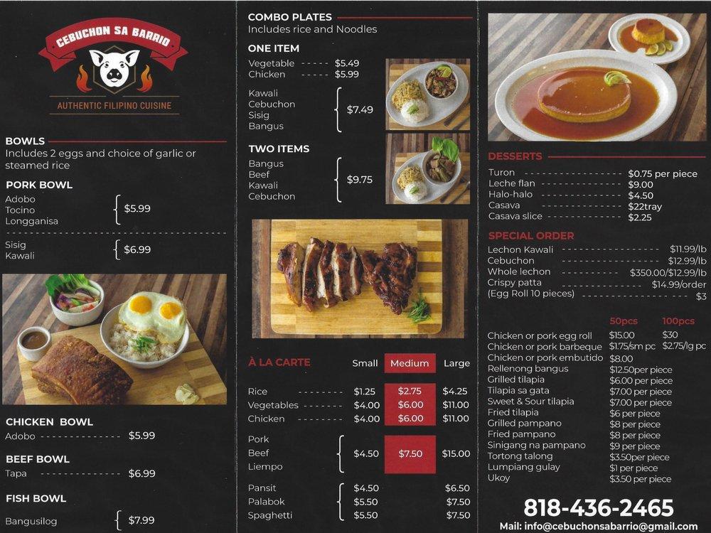 Menu at Cebuchon Sa Barrio, Los Angeles