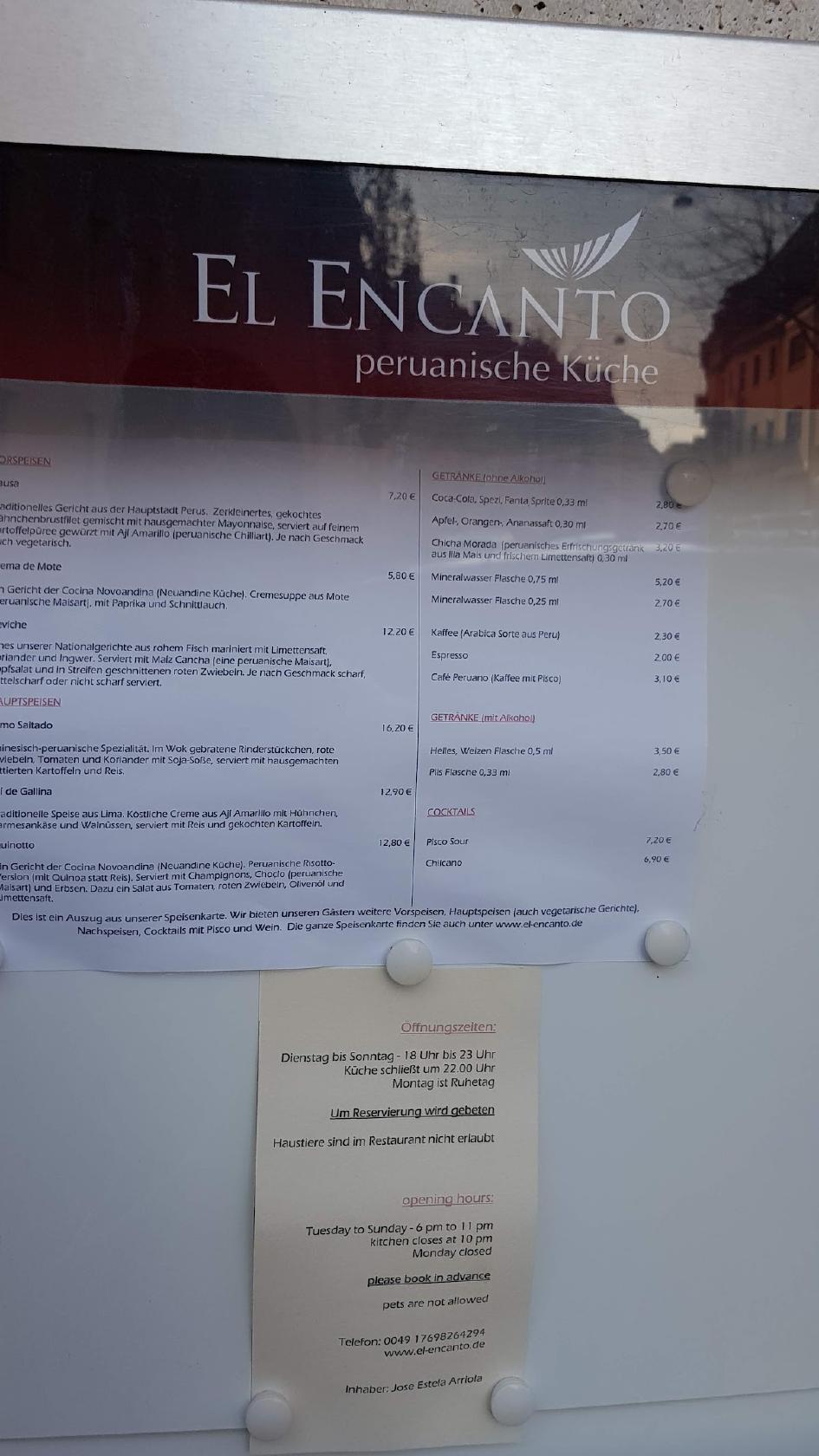 Carta del restaurante El Encanto, Nuremberg