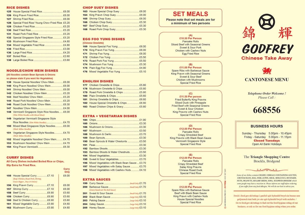 Menu at Godfrey Takeaway fast food, Bridgend