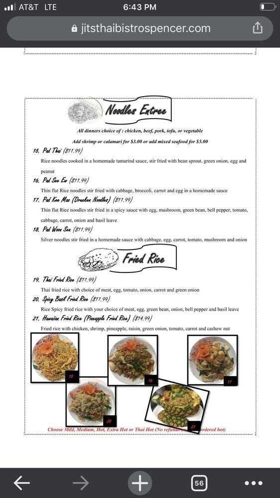 Menu at Jit's Thai Bistro restaurant, Spencer