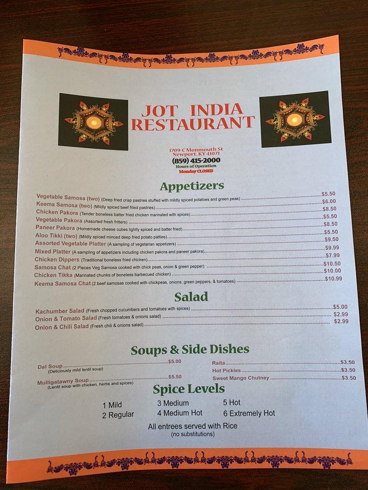 Menu at Jot India Restaurant, Newport
