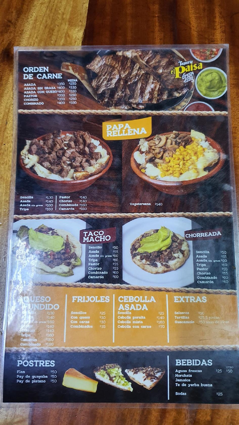 Carta del restaurante Taqueria El Paisa, La Paz, Mariano Abasolo 2730