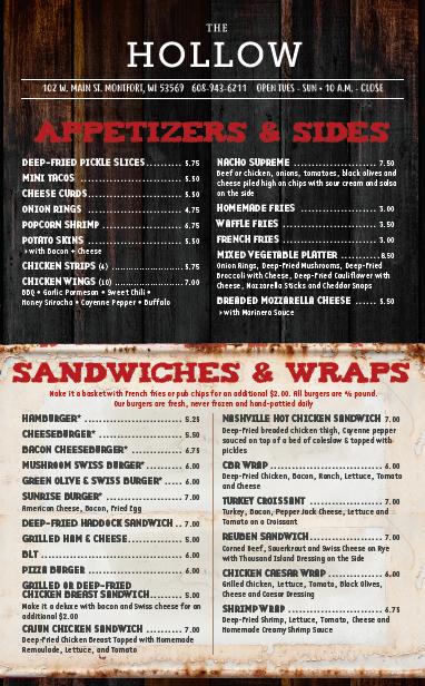 Menu at The Hollow Bar & Grill, Montfort