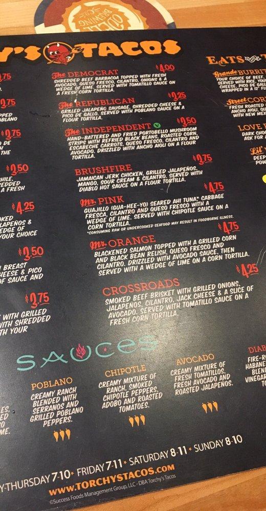 Menu at Torchy's Tacos restaurant, Fort Collins