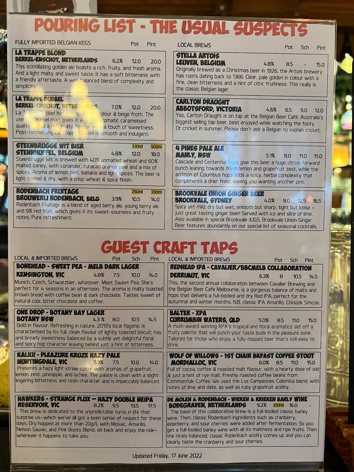 Menu at Belgian Beer Cafe, Southbank