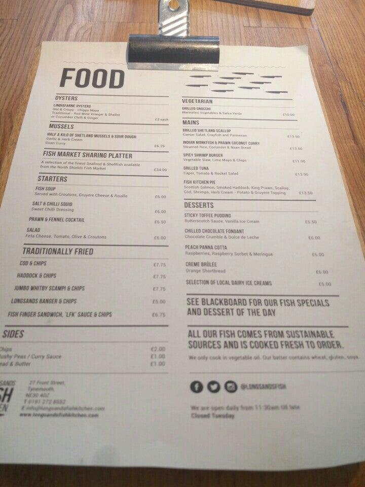 Menu at Longsands Fish Kitchen restaurant, Tynemouth