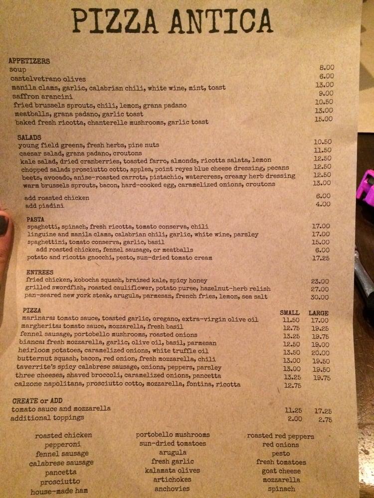 Menu at Pizza Antica pizzeria, San Jose